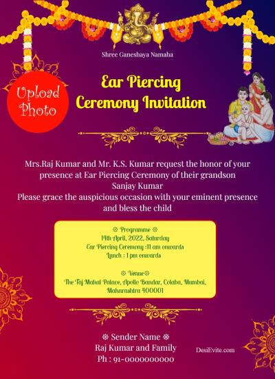free Ear piercing ceremony Invitation Card & Online Invitations